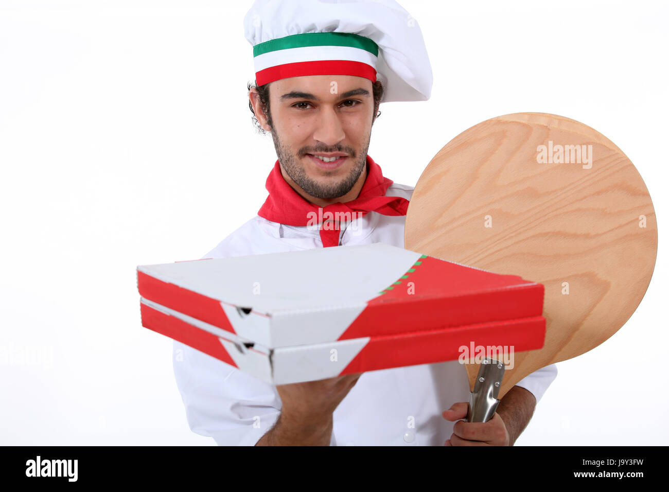Chef man holding two pizza hi-res stock photography and images - Alamy