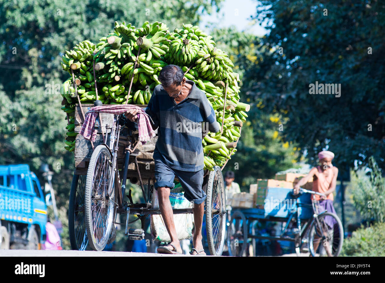 SILIGURI, INDIA – DECEMBER 5, 2016: local pulling a three-wheeled card ...