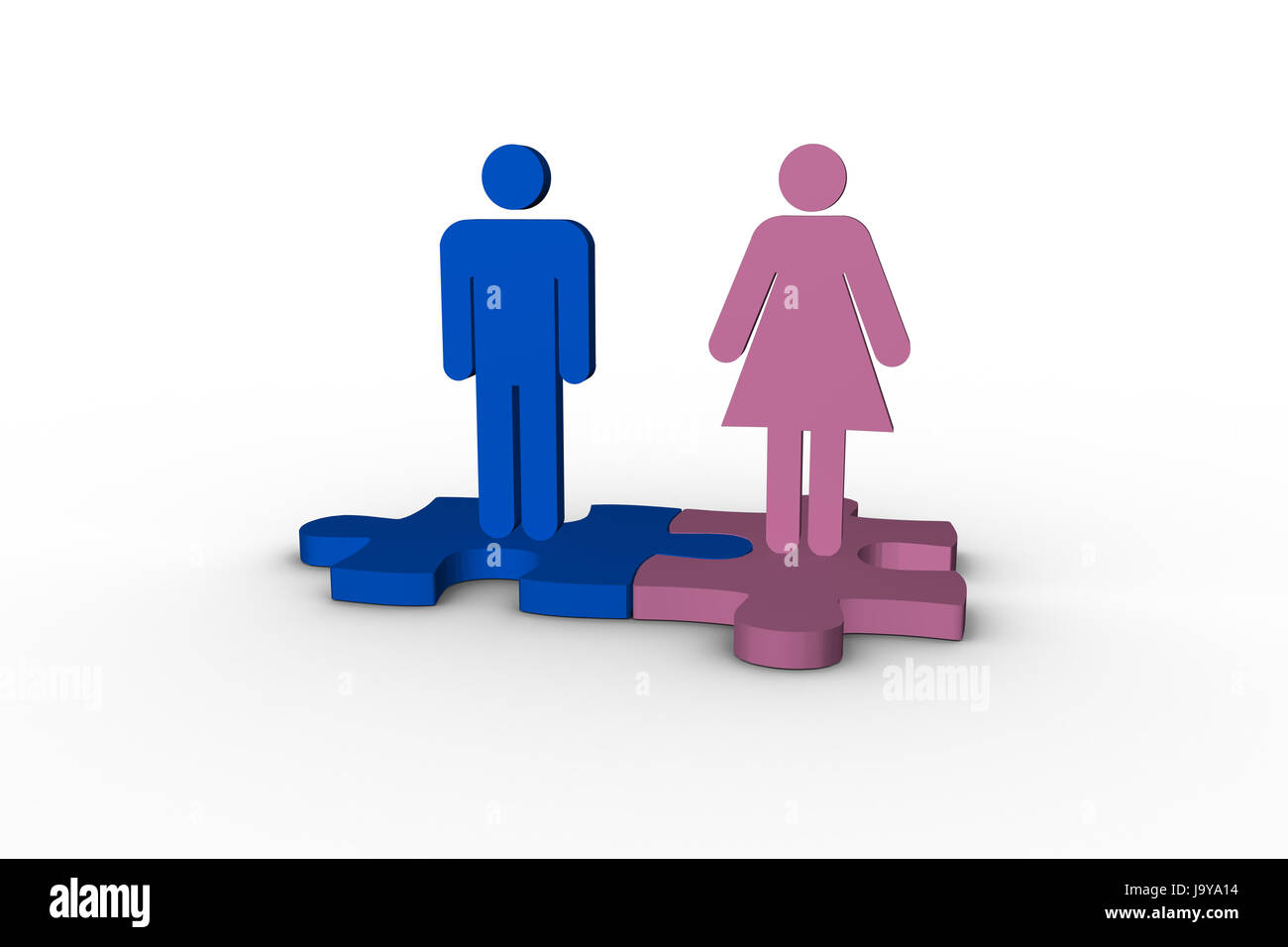Blue and pink human figures over jigsaw pieces meshed together on white ...