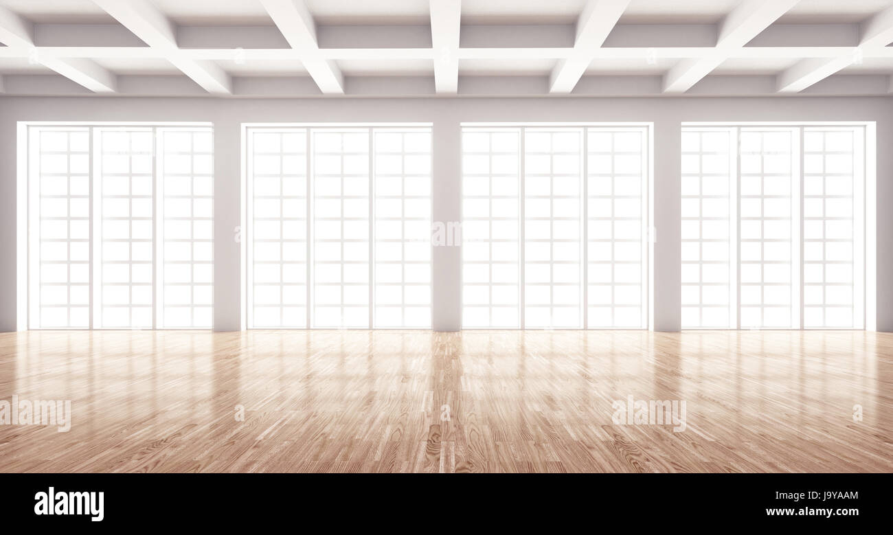 Open space, room with parquet and big windows Stock Photo - Alamy