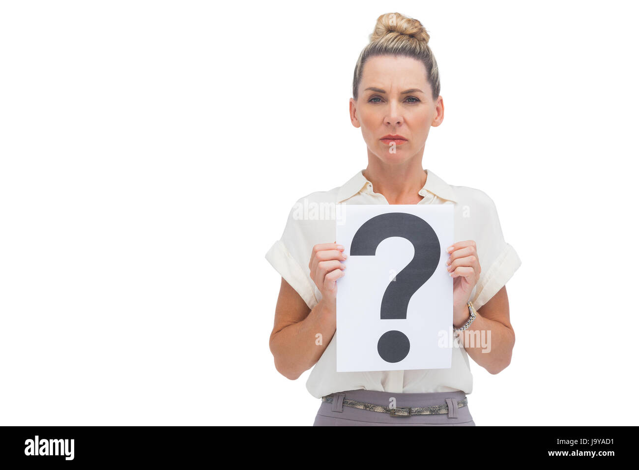 Businesswoman showing question mark at the camera Stock Photo - Alamy