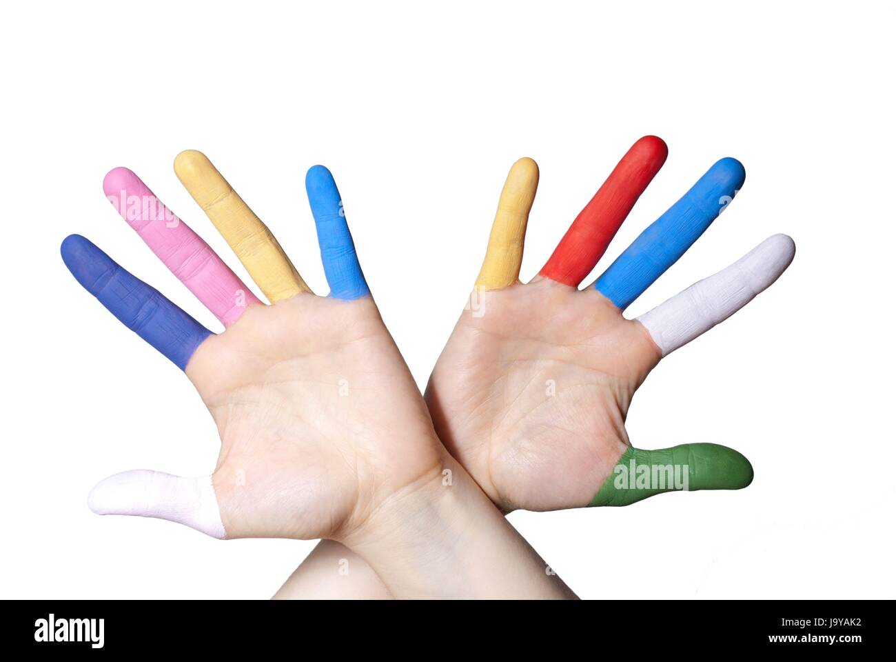 a hand with colorful painted fingers, isolated Stock Photo - Alamy