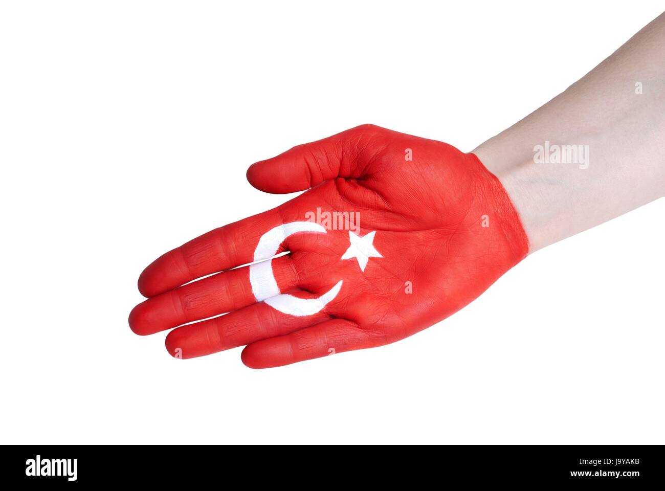 a hand with turkish flag in handshake gesture Stock Photo - Alamy