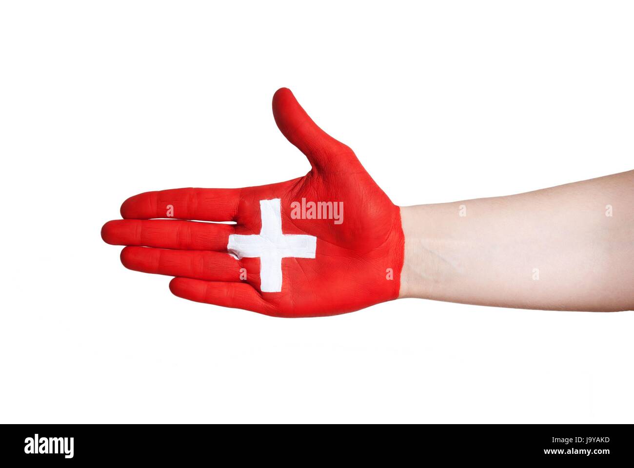 a hand with swiss symbol, isolated, red and with white cross Stock ...