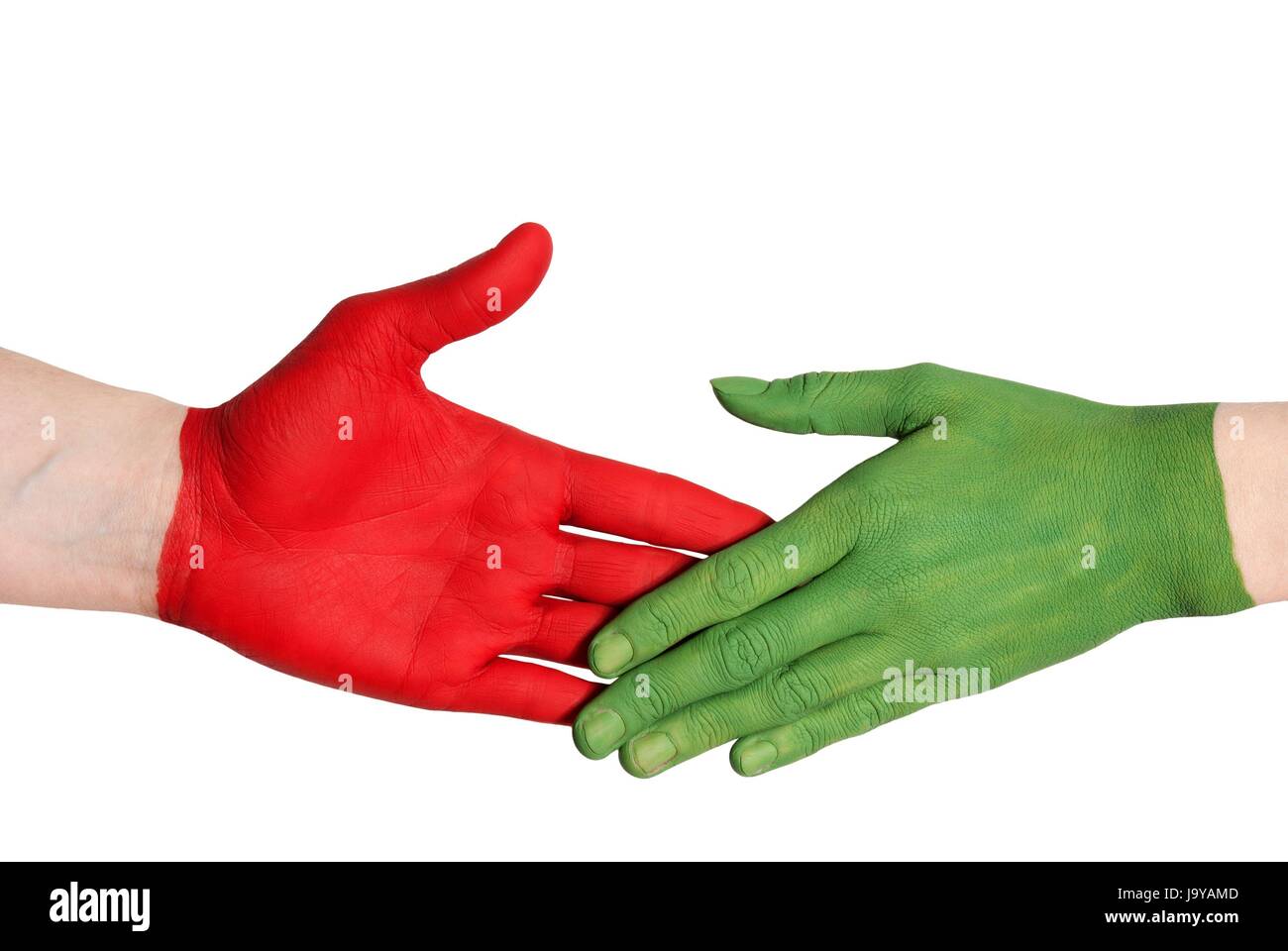 a handshake with a green and a red painted hand, isolated Stock Photo ...