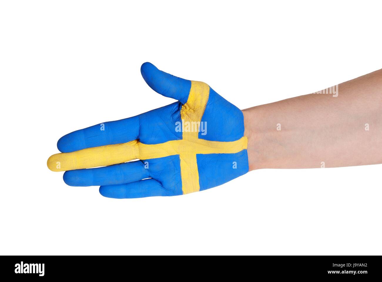 a hand in handshake gesture in the colors of sweden Stock Photo - Alamy