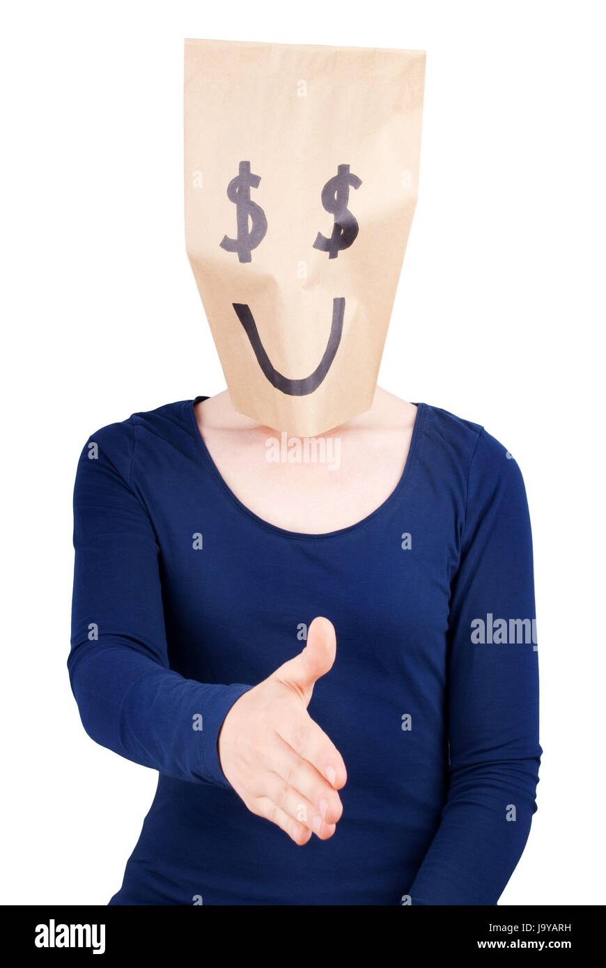 a happy dollar sign paper bag with a person in handshaking gesture ...