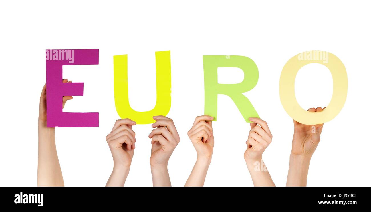 many hands holding the name of the european currency Euro, isolated ...