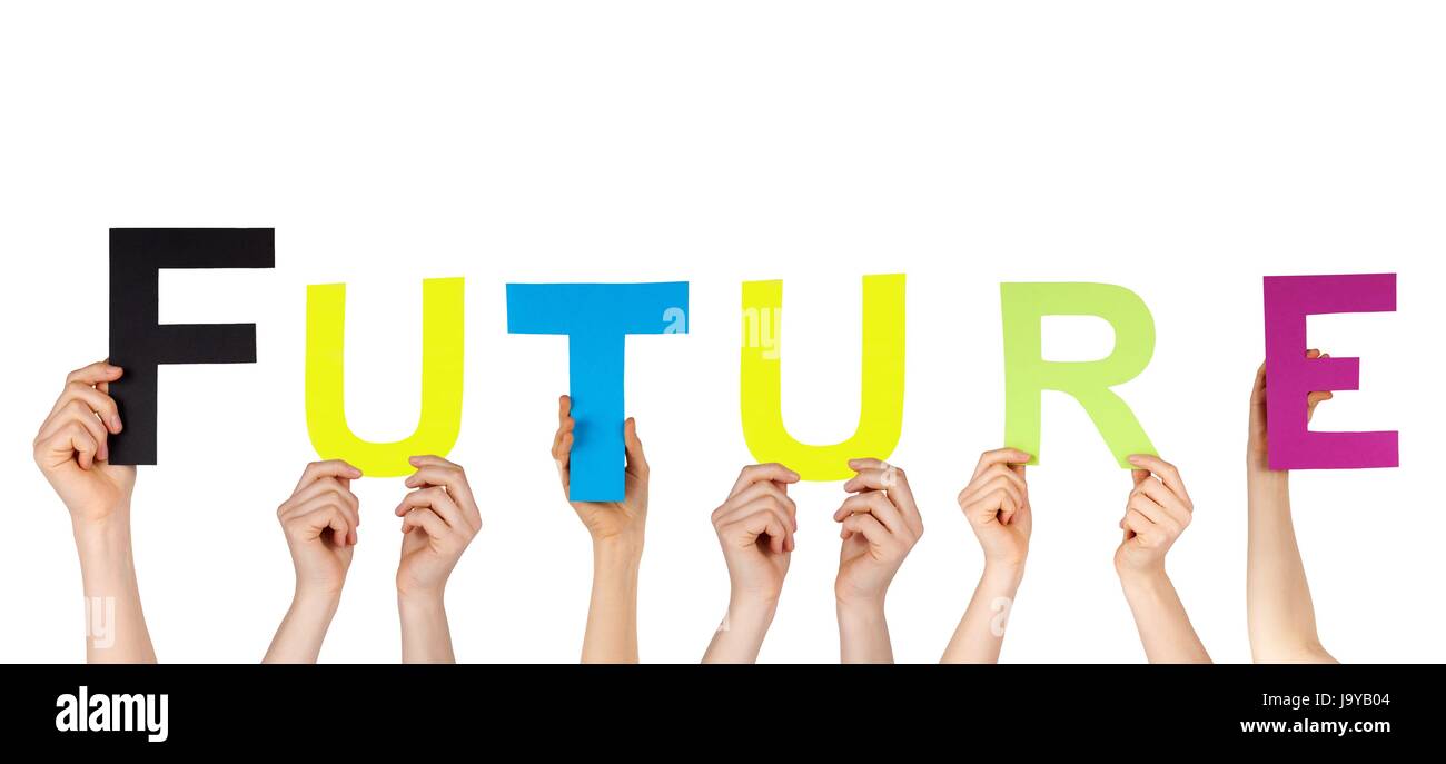 many hands holding the word future, isolated Stock Photo - Alamy
