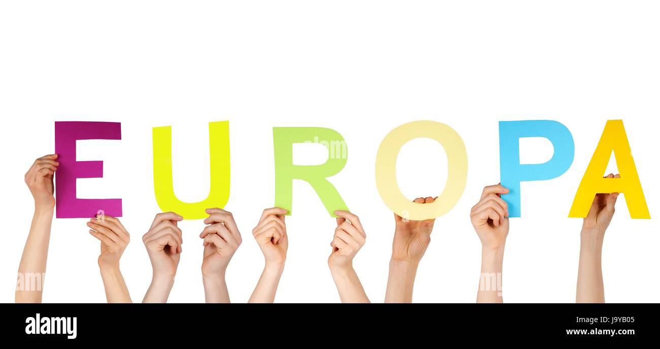 many hands holding the german word Europa which means europe, isolated ...