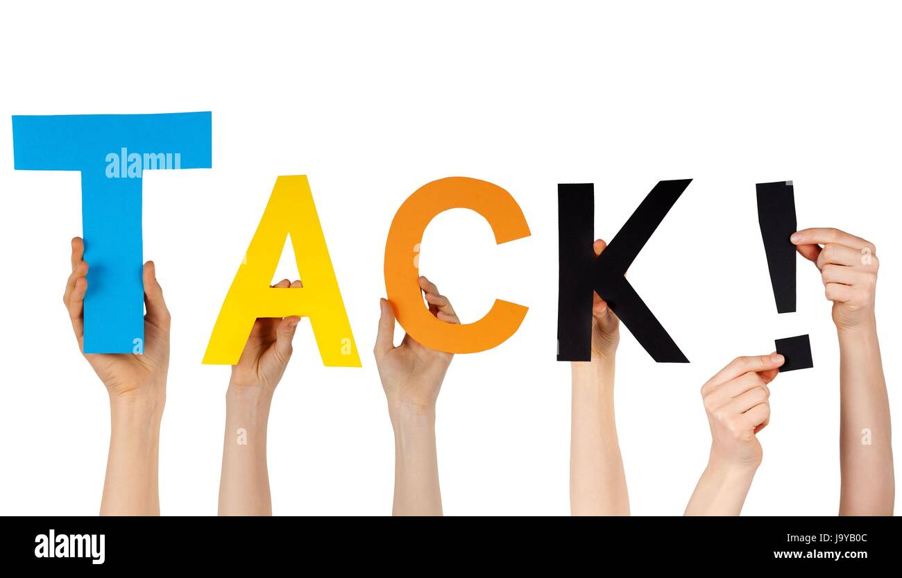 many hands holding the swedish word tack which means thanks Stock Photo ...