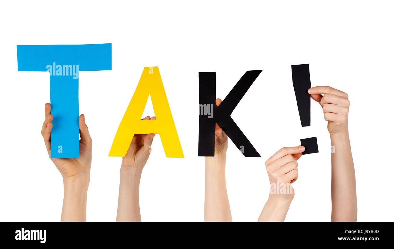 many hands holding the danish word Tak which means thanks Stock Photo ...