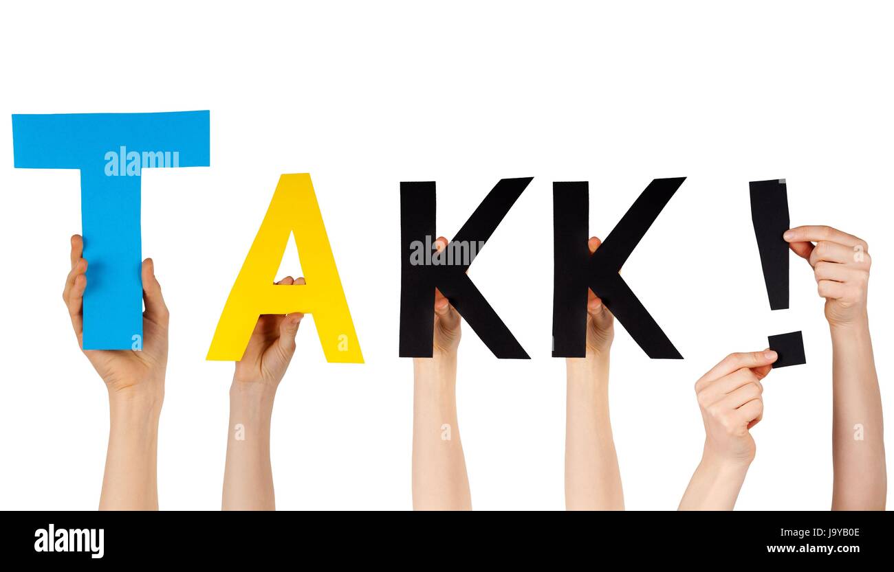 many hands holding the norwegian word Takk which means thanks, isolated ...