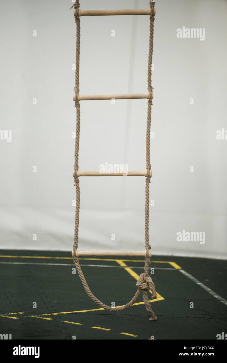 Stairs of rope for climbing in sport school gym hall. Indoor Stock ...