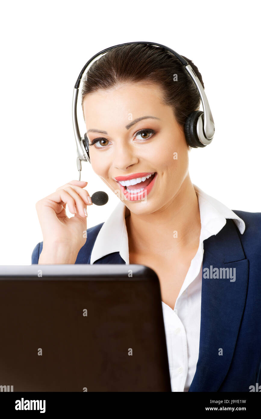 beautiful young call center assistant at the desk Stock Photo - Alamy