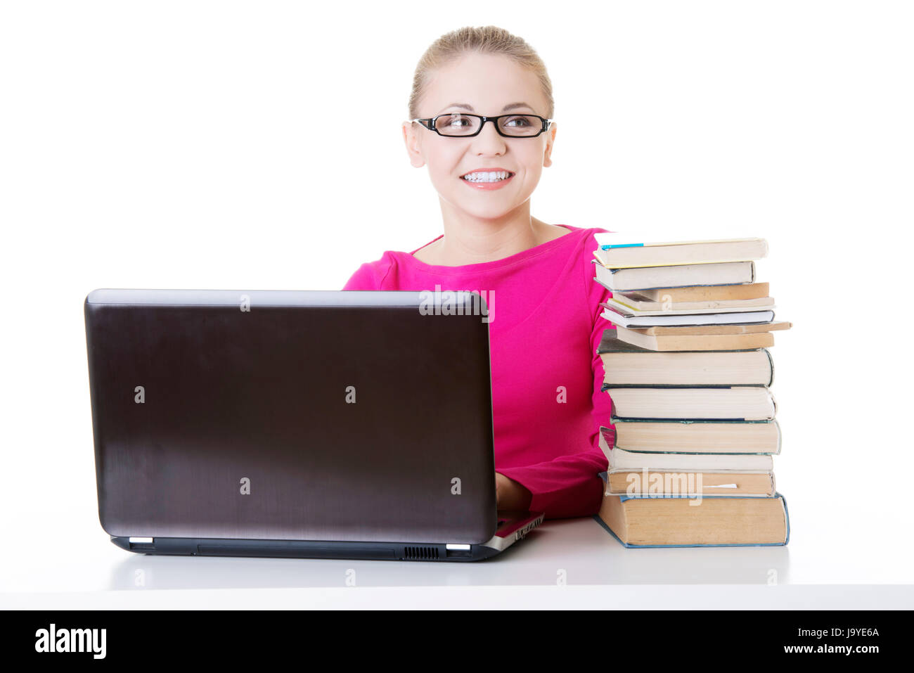 happy student girl learning with laptop Stock Photo - Alamy