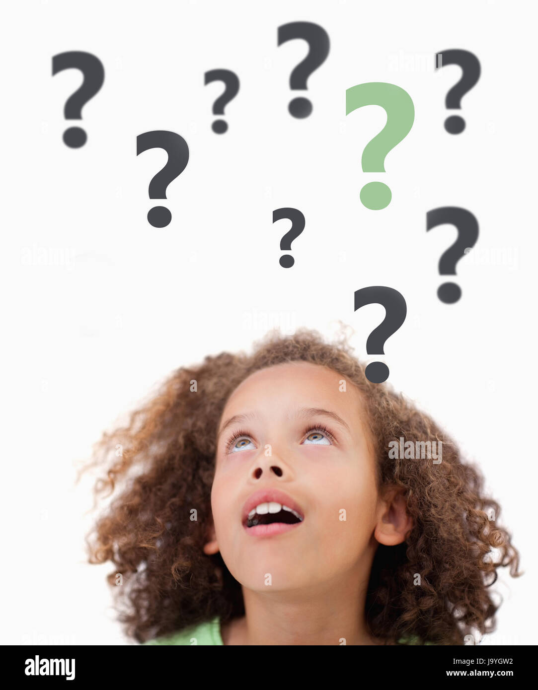 Thinking child with question marks above her on white background ...