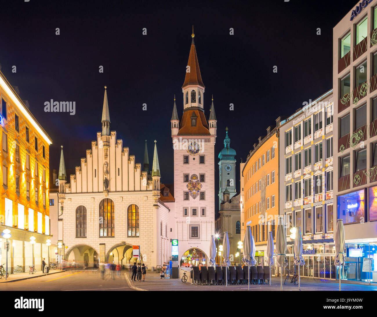 Munich, Germany - June 7, 2016: Night view of the Marienplatz in the ...