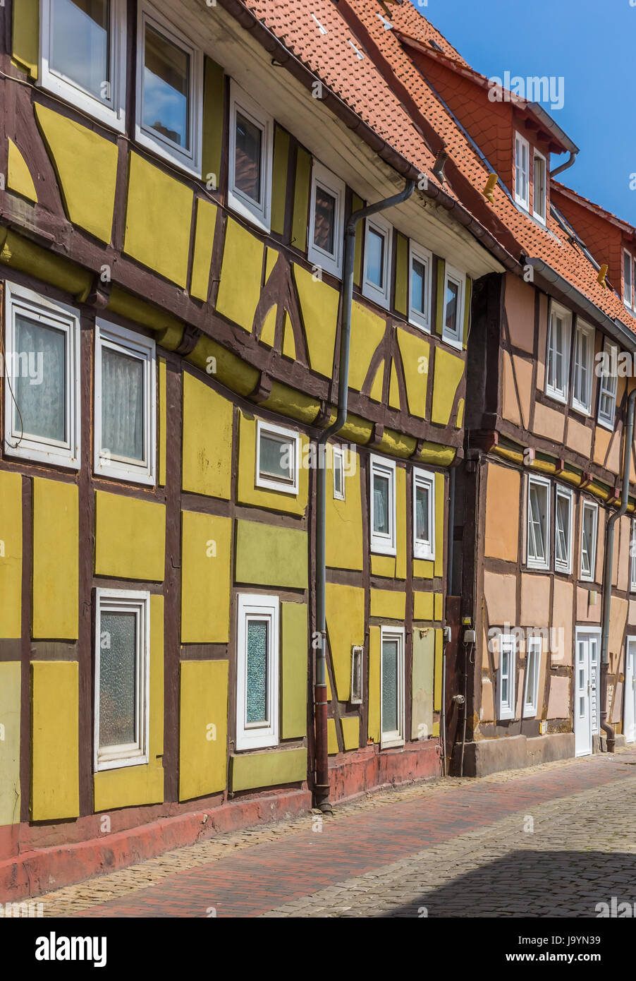Street with colorful half-timbered houses in Rinteln, Germany Stock ...