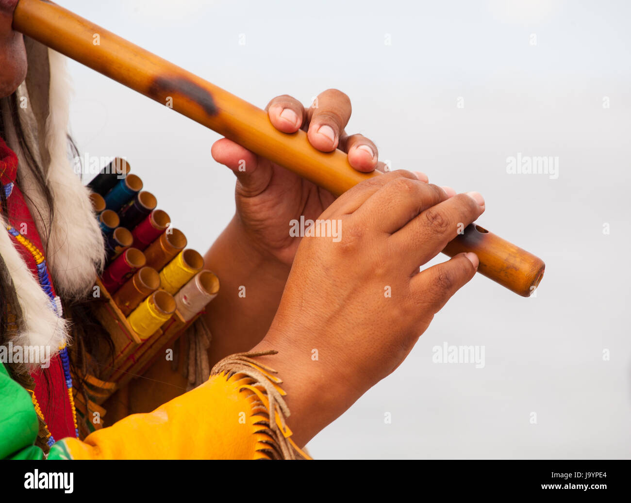 Peruvian Man In Native Costume Playing flute Stock Photo - Alamy