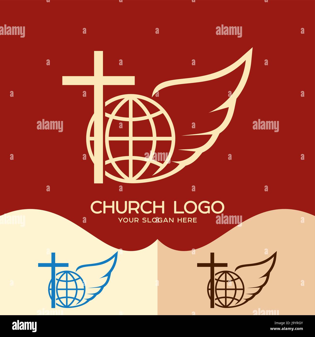 Church logo. Cristian symbols. Cross of Jesus, globe and angel wing ...