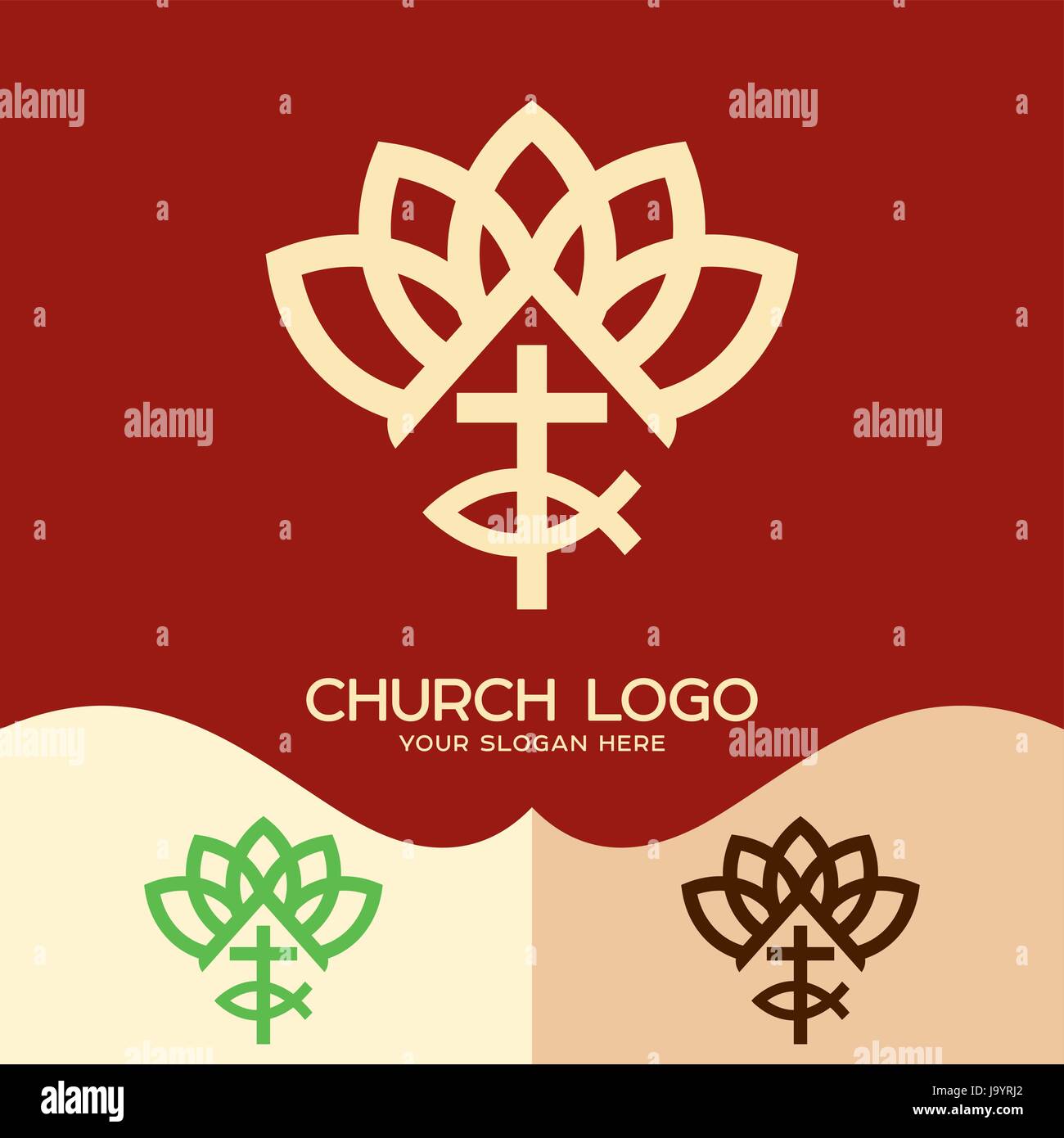 Church logo. Cristian symbols. The cross of Jesus and the sign of fish ...