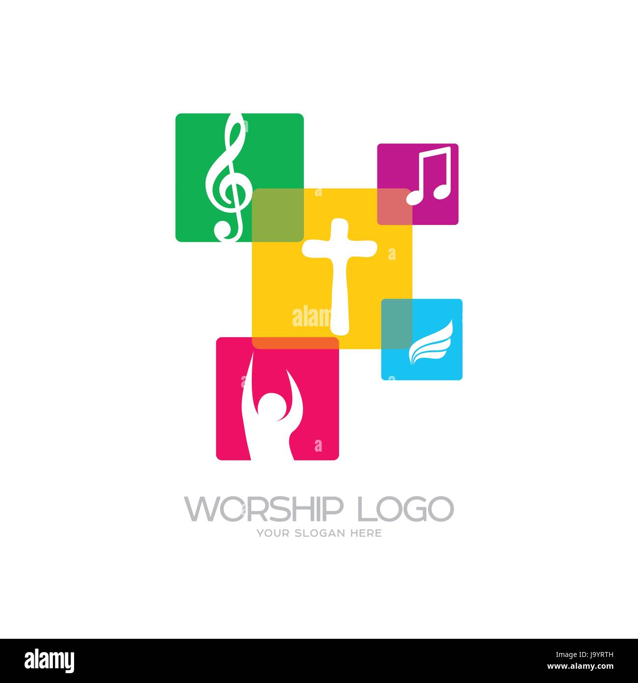 Worship logo. Cristian symbols. The cross of Jesus, musical notes and ...