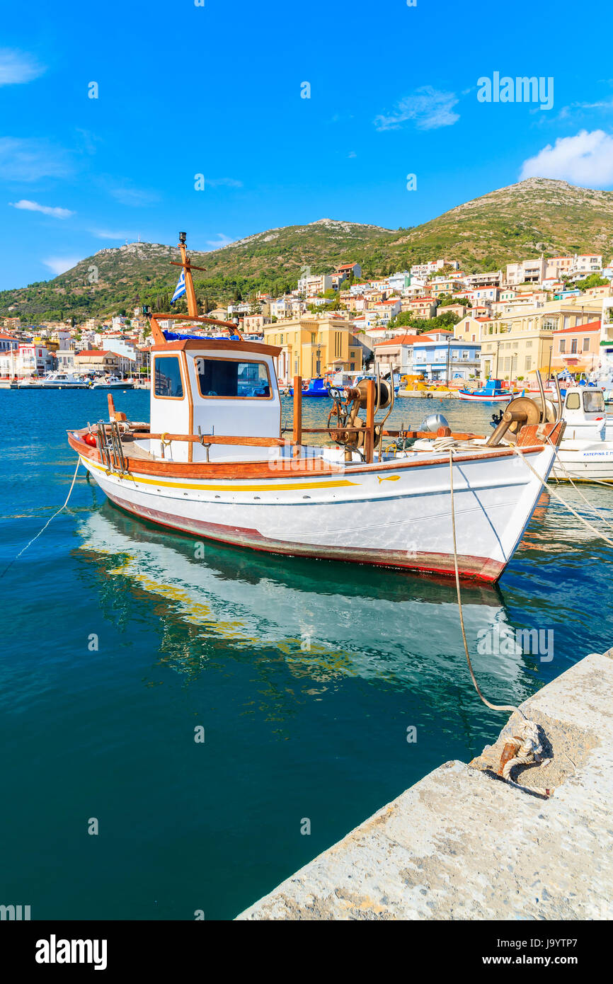 Typical fishing boat in Vathy port on beautiful summer day, Samos ...