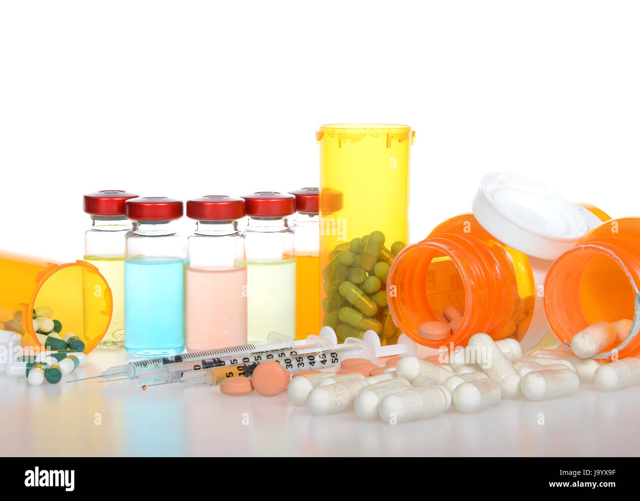 Five vials of medication exaggerated psychedelic with bright color of ...