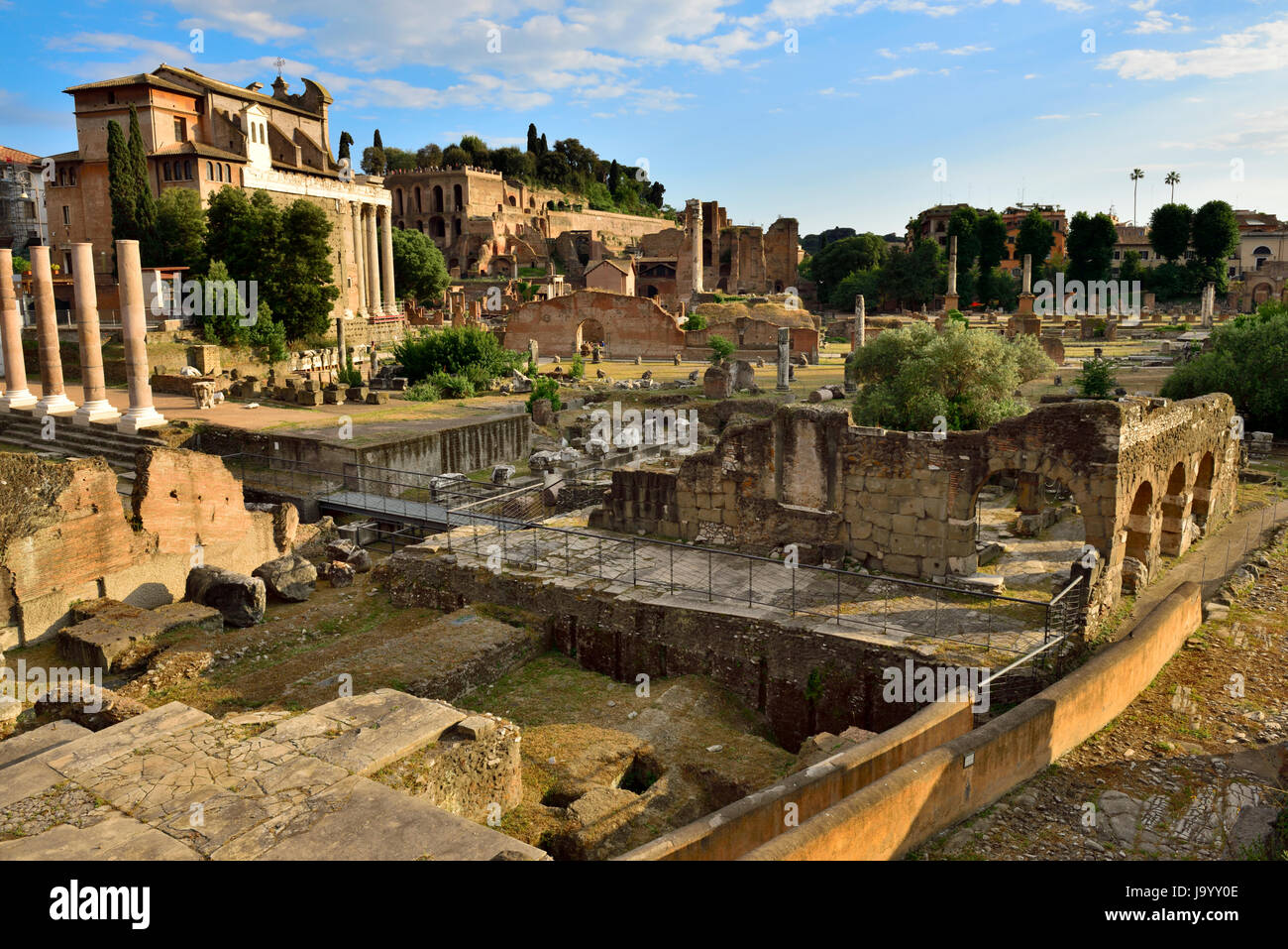 View over the excavated archaeological site of Roman Forum with many ...