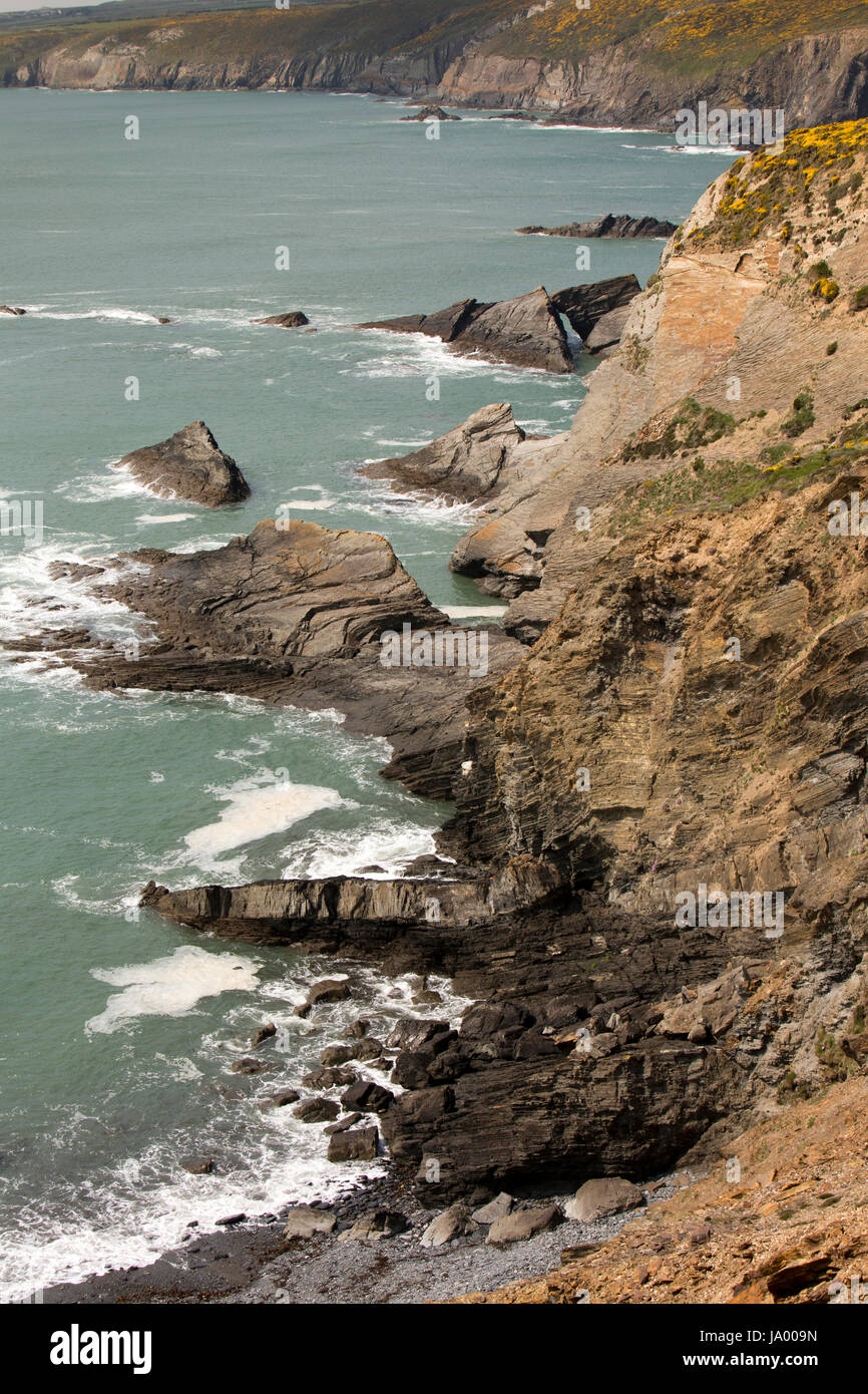 UK, Wales, Pembrokeshire, Solva, Nine Wells coast, inclined rocks in ...