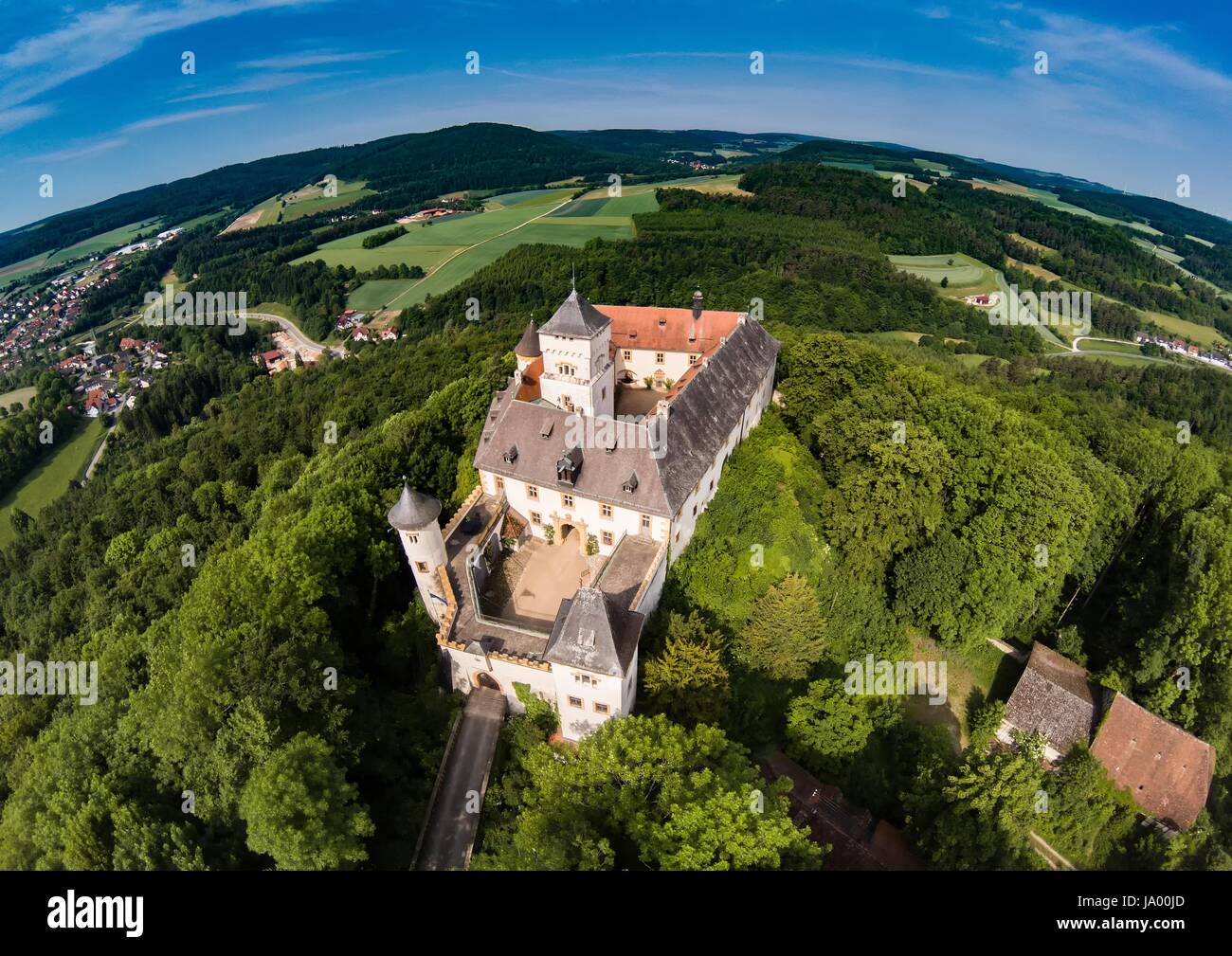 Aerial photo of castle Greifenstein at the franconian suisse, Germany ...