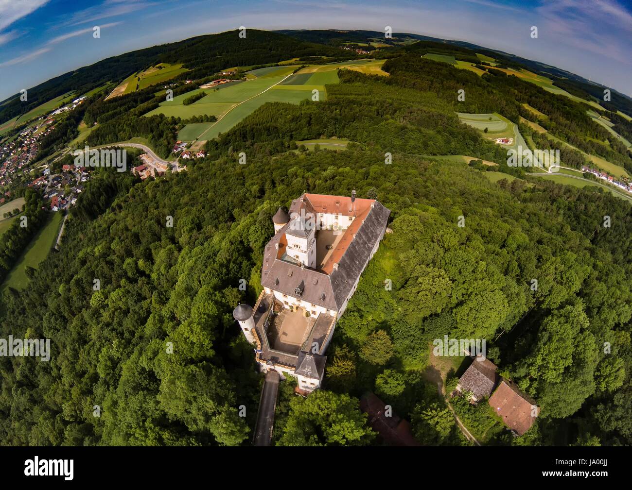 Aerial photo of castle Greifenstein at the franconian suisse, Germany ...
