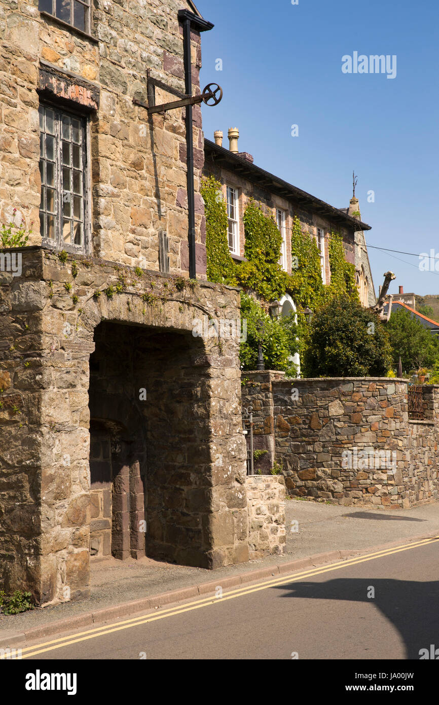 UK, Wales, Pembrokeshire, Solva, Main Street, old industrial hoist ...