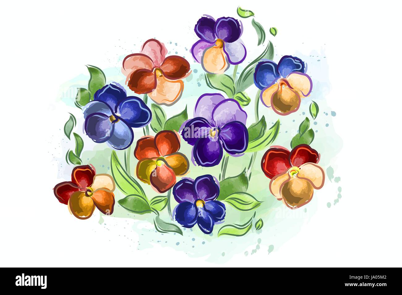 Vector illustration of watercolor flowers violets and pansy and leaves ...