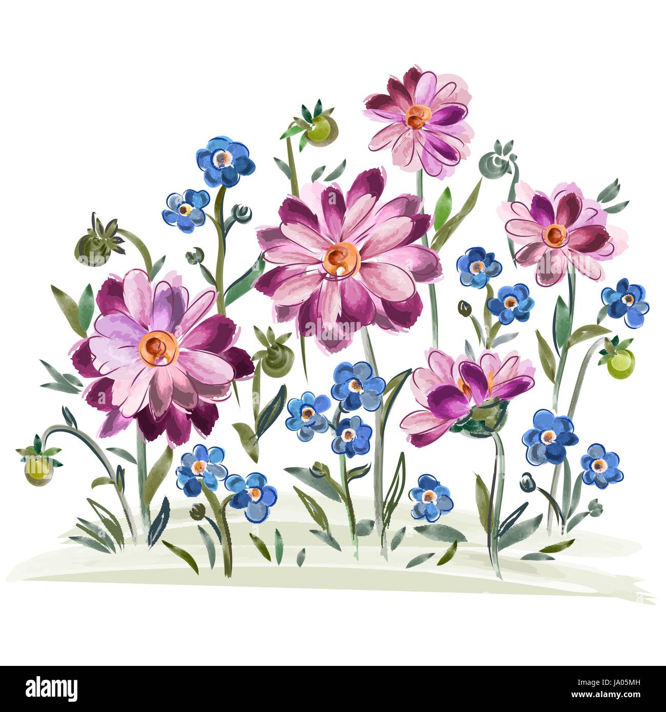 Vector illustration of watercolor flowers violets and pansy and leaves ...