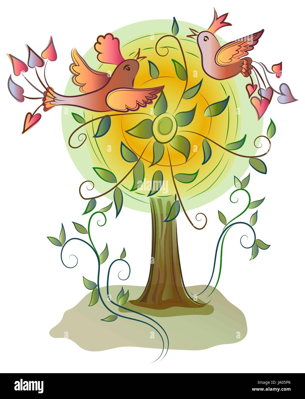 Vector illustration of tree with beatiful colorful happy birds Stock ...