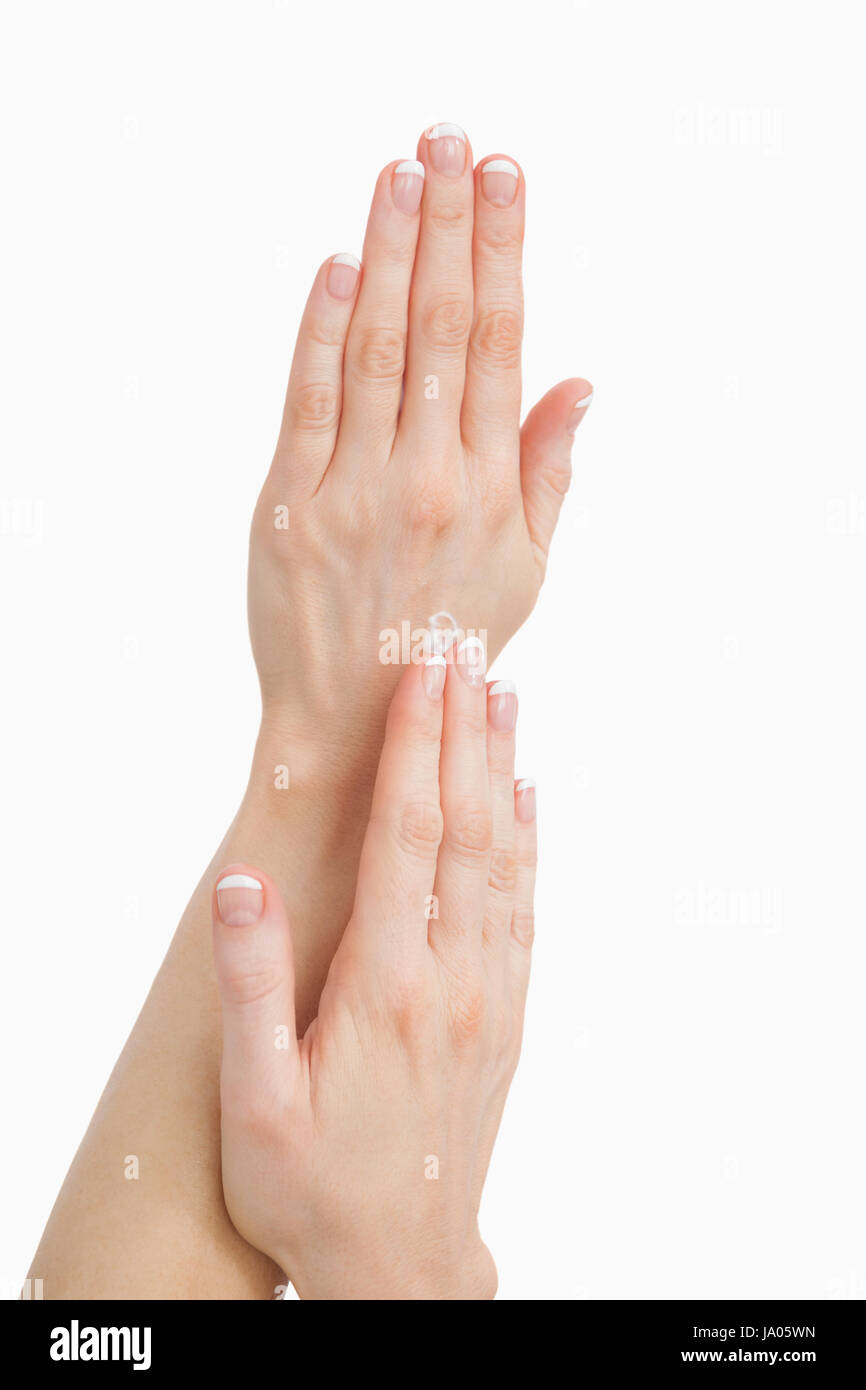 Closeup of french manicured fingers over white background Stock Photo ...
