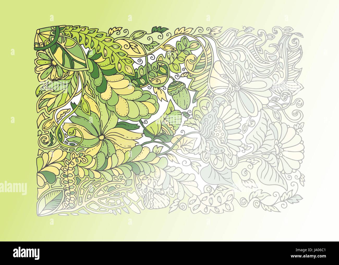 Green spring doodle illustration, half coloring Stock Vector Image ...