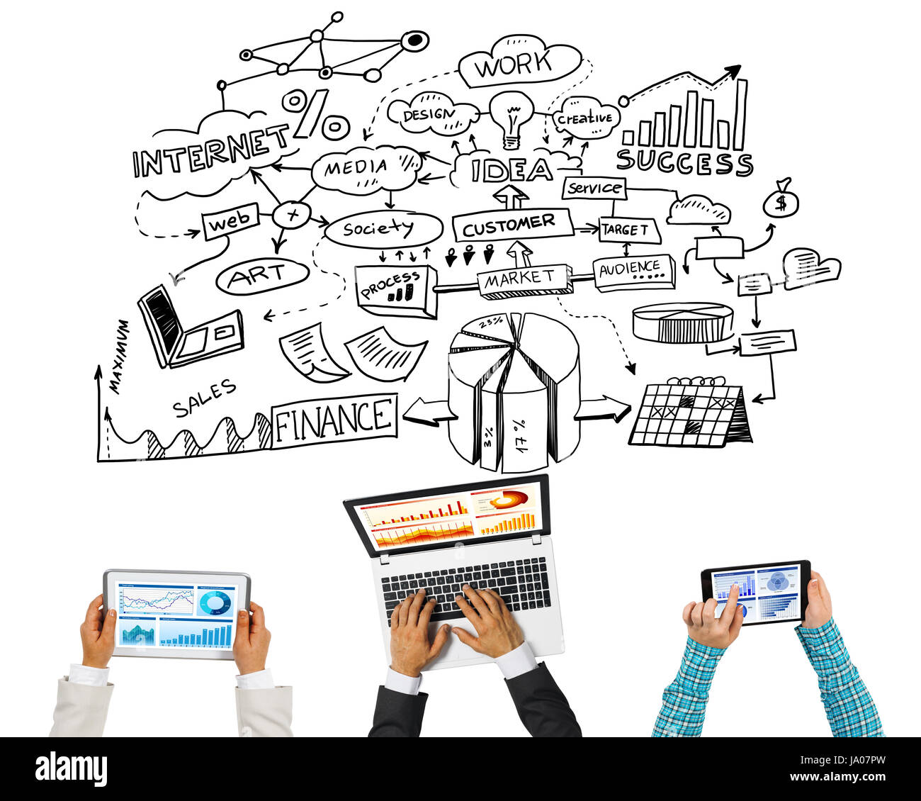 Top view of businesspeople using gadgets on white background Stock ...