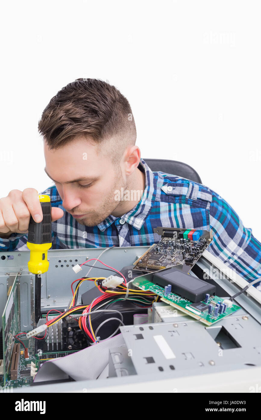 Young computer engineer working on cpu over white background Stock ...