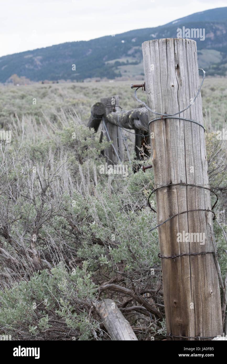 Rustic American fence post falling down in the Grand Teton National ...