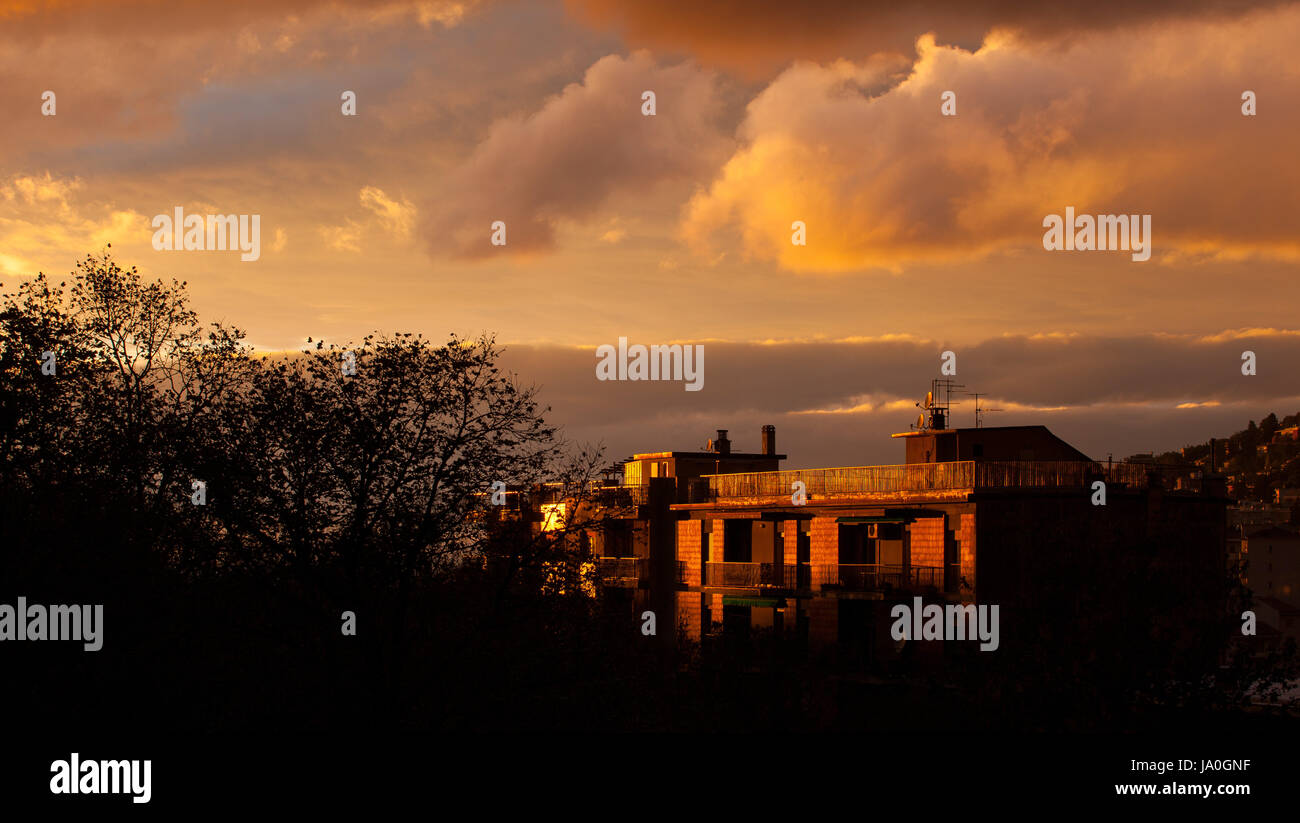 house, building, tree, trees, sunset, cloudy, weather, clouds ...