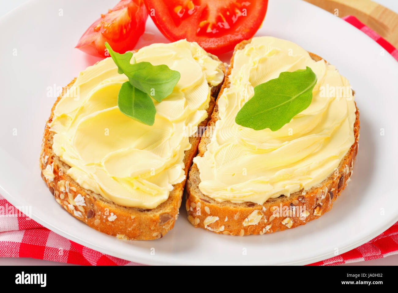food, aliment, bread, closeup, spread, plate, napkin, rocket, tomato ...