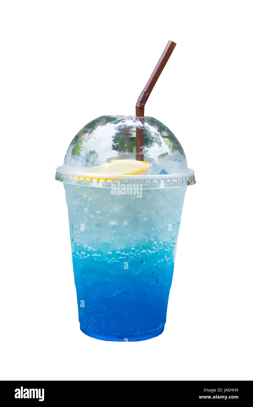 blue lemon soda on wooden isolated white background. clipping path ...