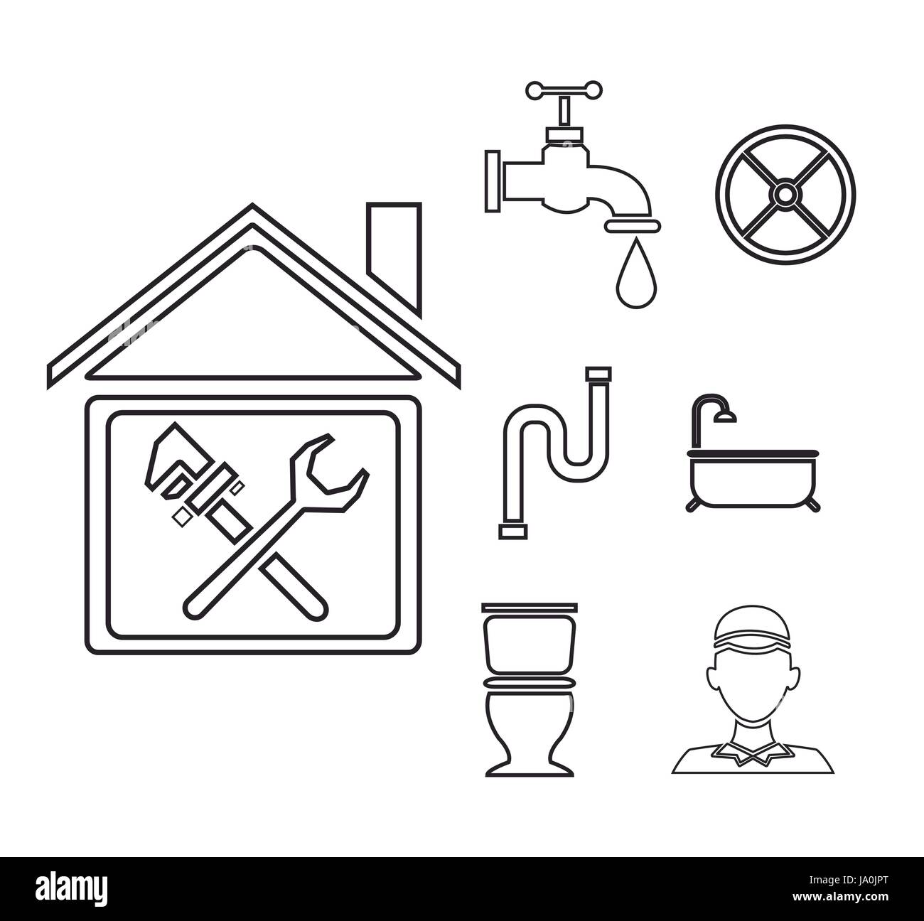 sketch contour house with wrench cross inside and icons plumbing ...