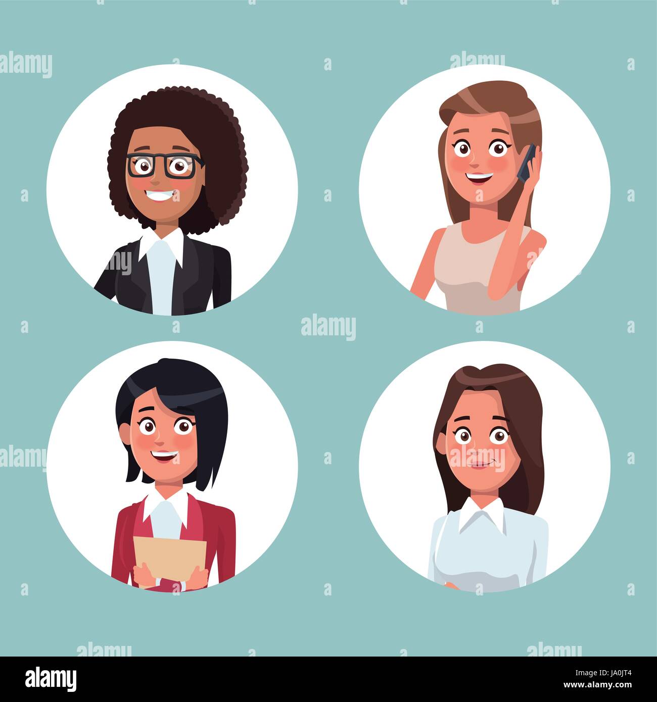 color background with circular frame icons set half body women ...