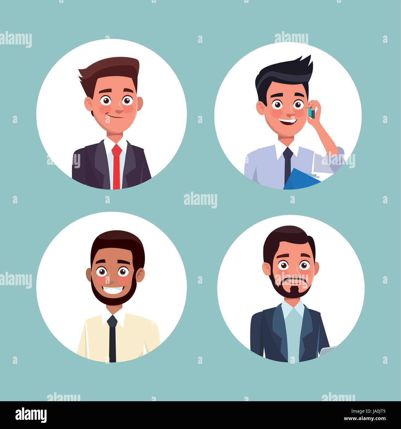 color background with circular frame icons set half body men characters ...