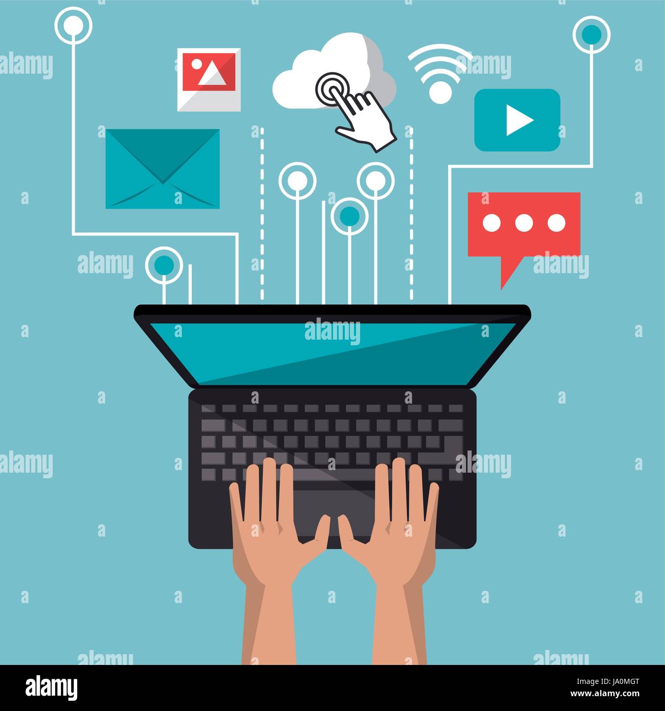 colorful background of laptop computer in top view and link apps icons ...