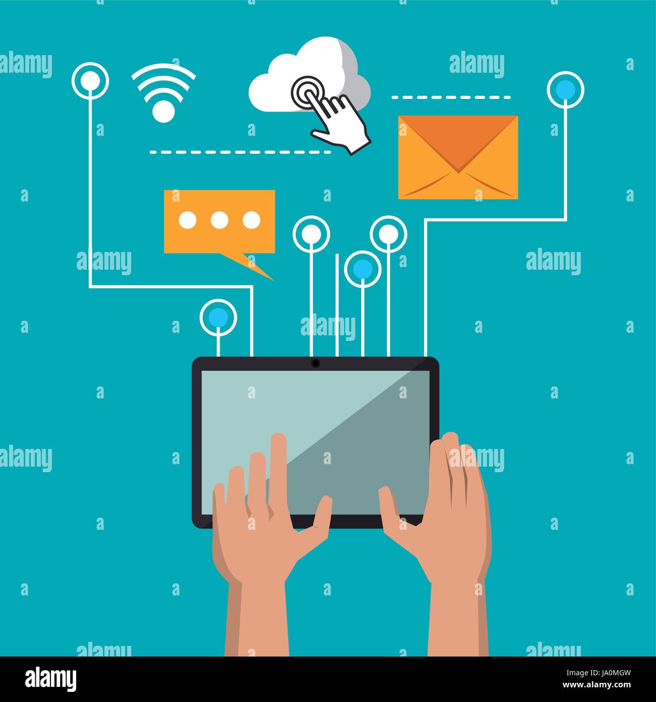 colorful background of tablet in top view and link apps icons Stock ...